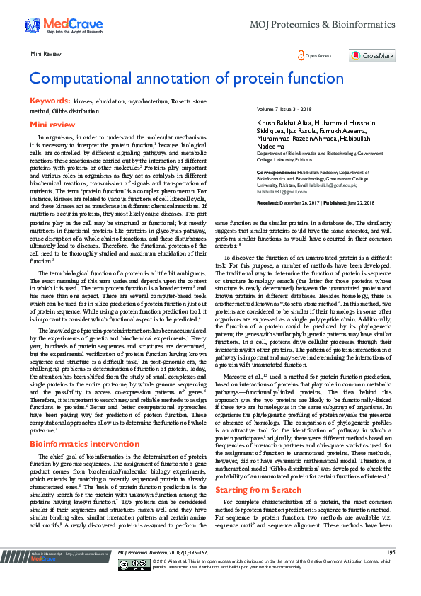 (PDF) Computational annotation of protein function