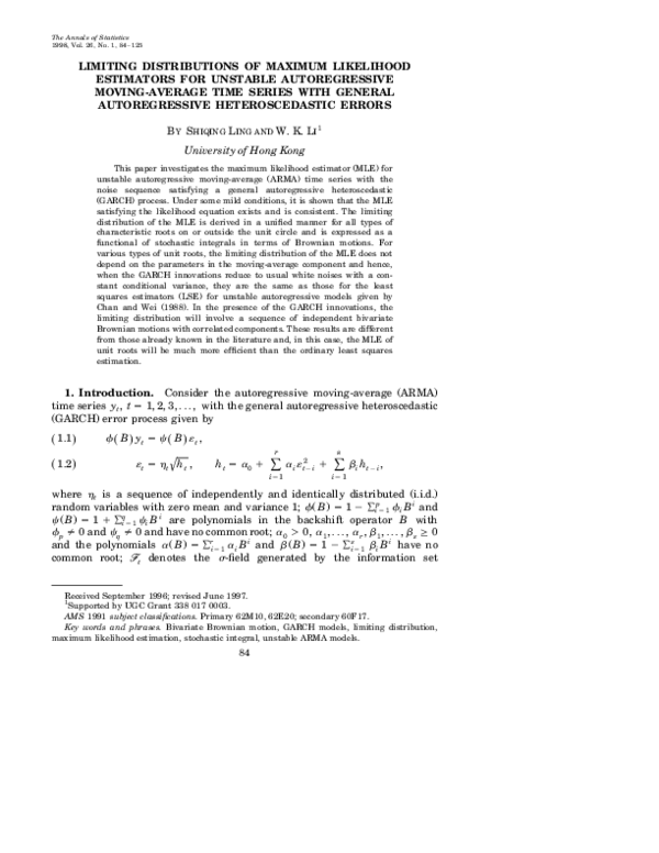 (PDF) Limiting distributions of maximum likelihood estimators for unstable autoregressive moving ...