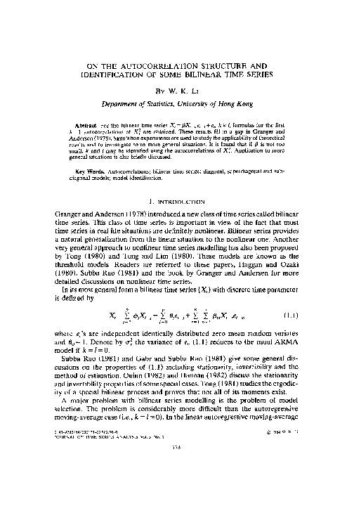 Pdf On The Autocorrelation Structure And Identification Of Some Bilinear Time Series