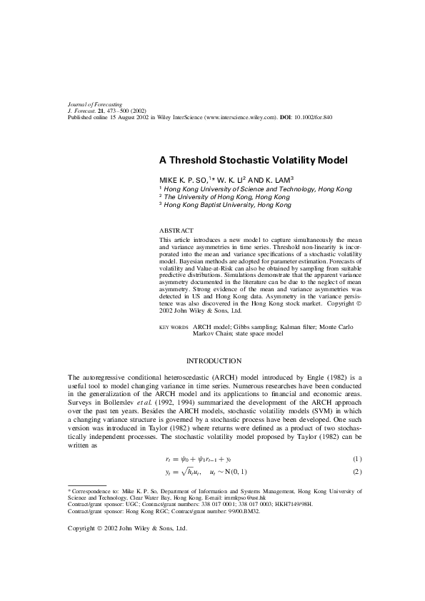 (PDF) A threshold stochastic volatility model