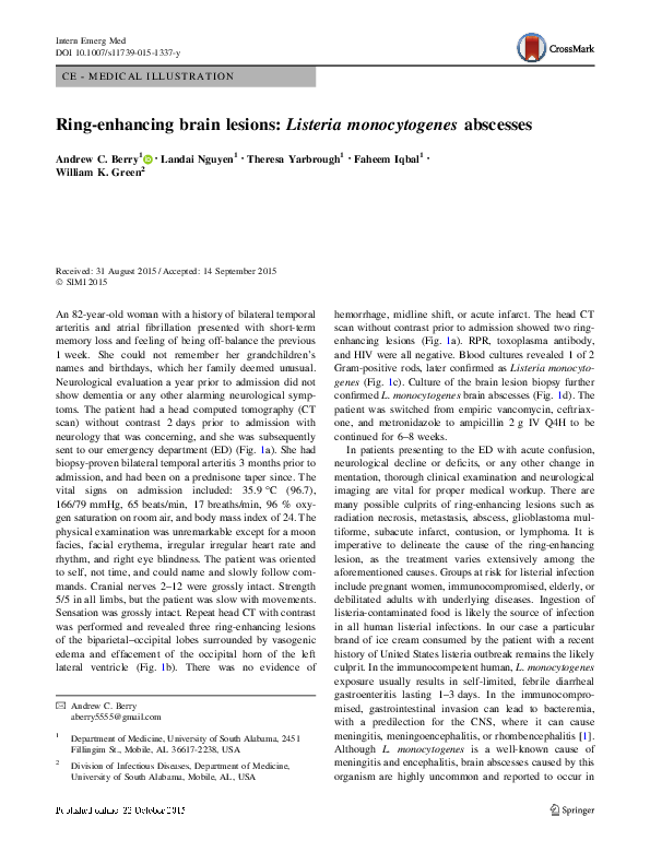 (PDF) Ring-enhancing brain lesions: Listeria monocytogenes abscesses
