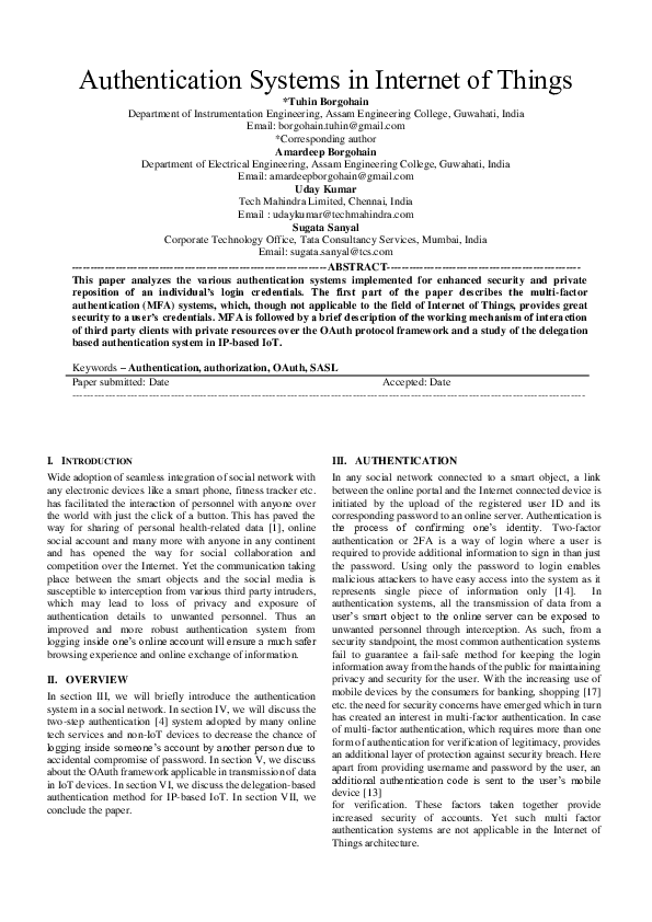 (PDF) Authentication Systems in Internet of Things