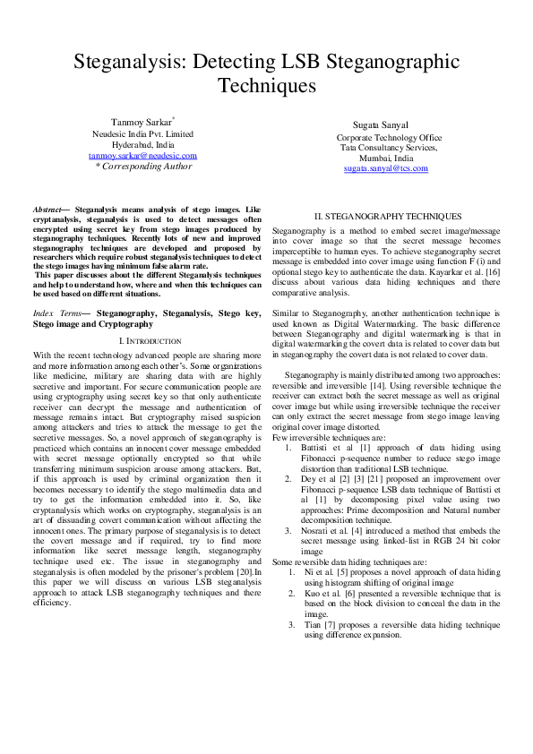 (PDF) Steganalysis: Detecting LSB Steganographic Techniques