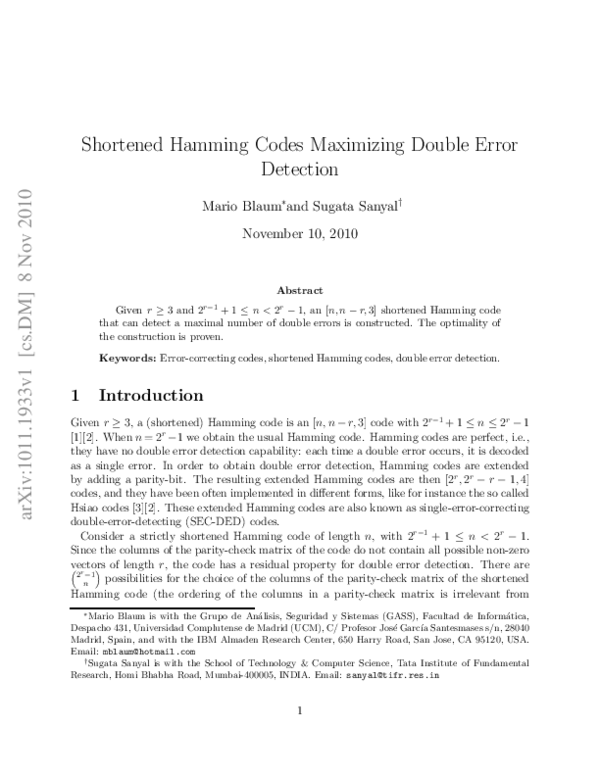 (PDF) Shortened Hamming Codes Maximizing Double Error Detection