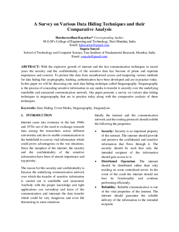 (PDF) A Survey on Various Data Hiding Techniques and their ComparativeAnalysis