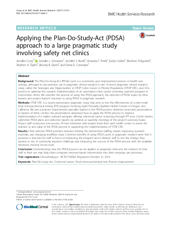 (PDF) Applying the Plan-Do-Study-Act (PDSA) approach to a large ...