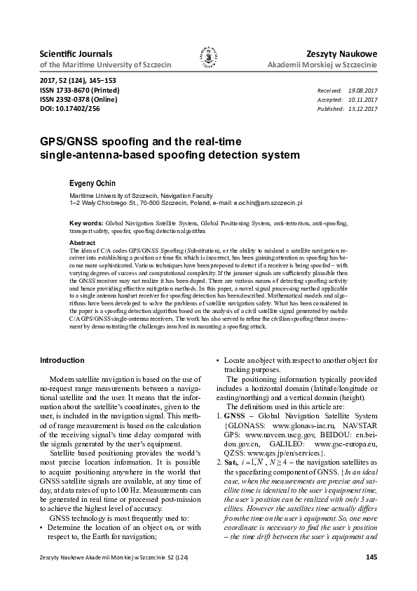 (PDF) GPS/GNSS spoofing and the real-time single-antenna-based spoofing detection system