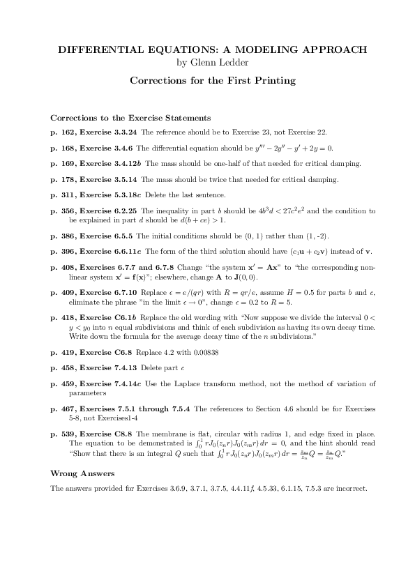 (PDF) Differential equations : a modeling approach | Glenn Ledder ...