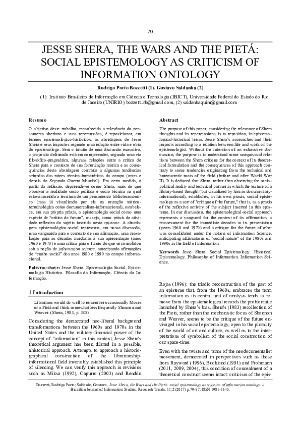 (PDF) Jesse Shera, the Wars and the Pietá: Social Epistemology as ...