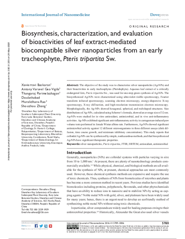 (PDF) Biosynthesis, characterization, and evaluation of bioactivities of leaf extract-mediated ...