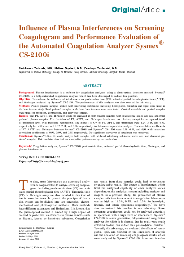 (PDF) Influence of Plasma Interferences on Screening Coagulogram and ...
