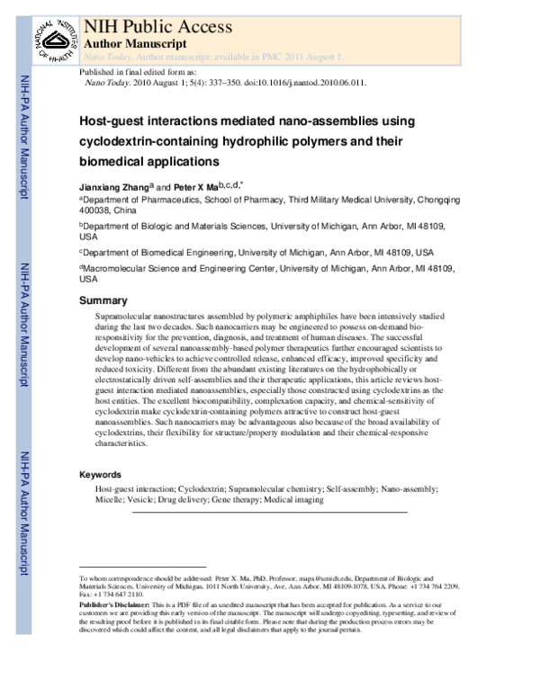 (PDF) Host–guest interactions mediated nano-assemblies using cyclodextrin-containing hydrophilic ...