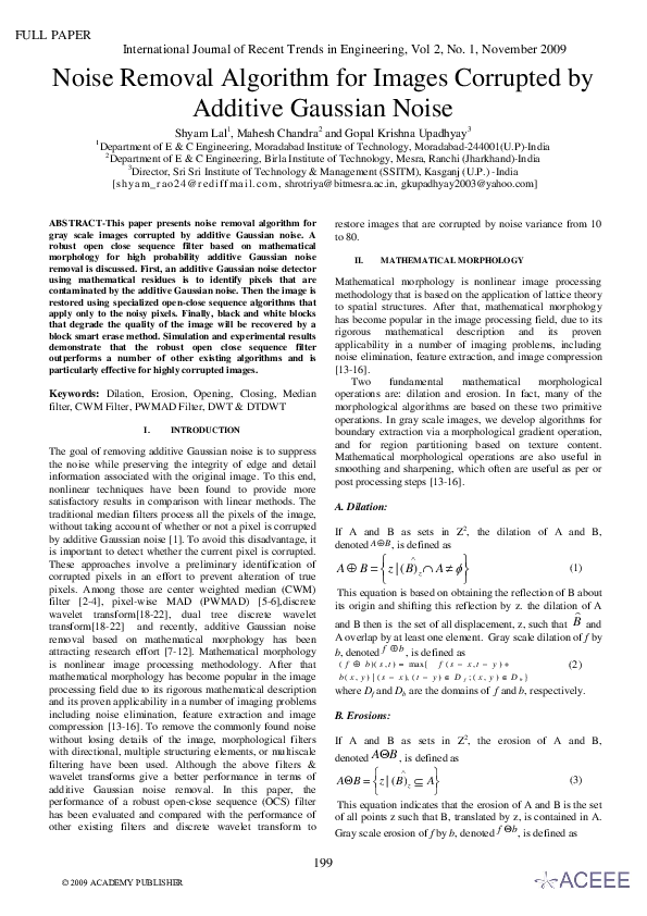 (PDF) Noise Removal Algorithm for Images Corrupted by Additive Gaussian Noise