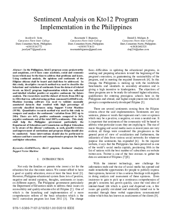 (PDF) Sentiment Analysis on Kto12 Program Implementation in the Philippines