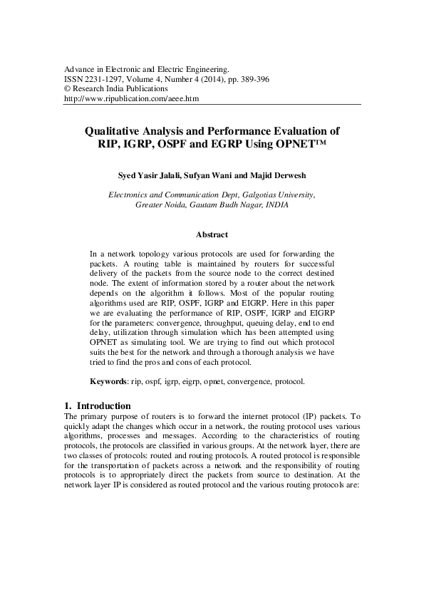 Pdf Qualitative Analysis And Performance Evaluation Of Rip Igrp Ospf And Egrp Using Opnet