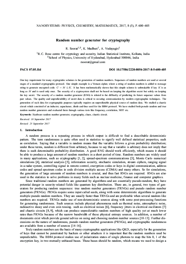 (PDF) Random number generator for cryptography
