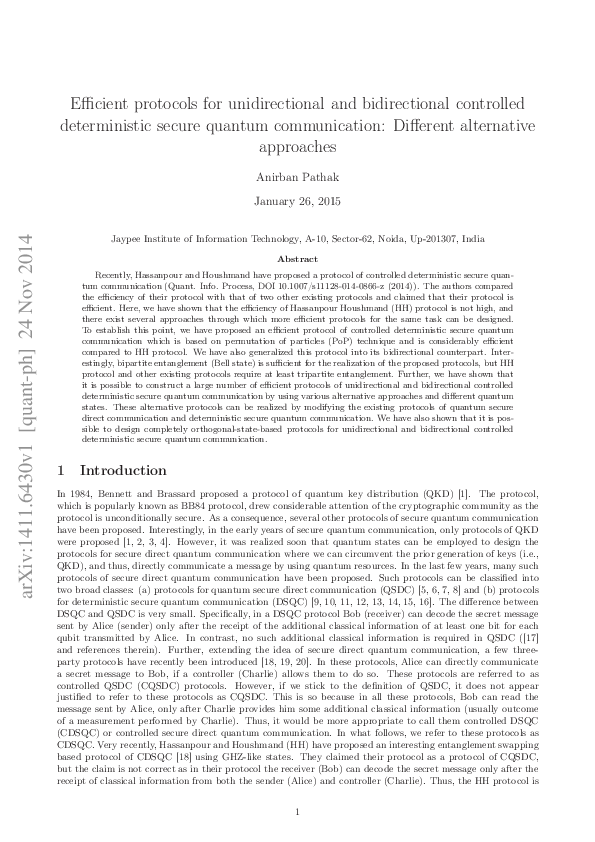 Pdf Efficient Protocols For Unidirectional And Bidirectional Controlled Deterministic Secure