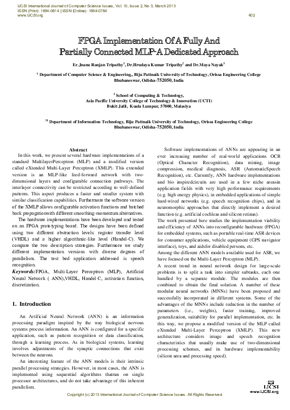 Pdf Fpga Implementation Of A Fully And Partially Connected Mlp A Dedicated Approach