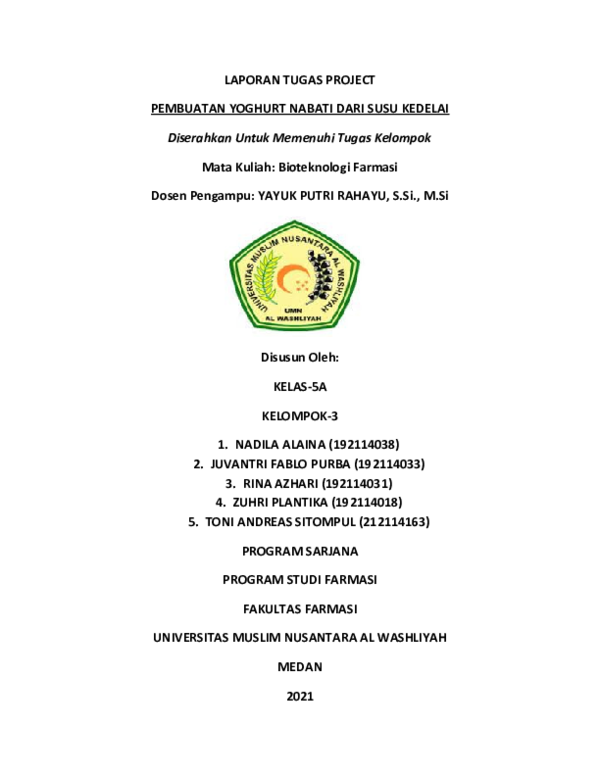 (DOC) LAPORAN TUGAS PROJECT BIOTEKNOLOGI FARMASI, KELOMPOK 3A