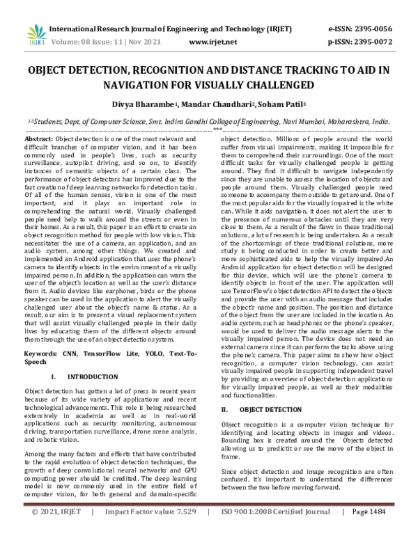 Pdf Irjet Object Detection Recognition And Distance Tracking To Aid