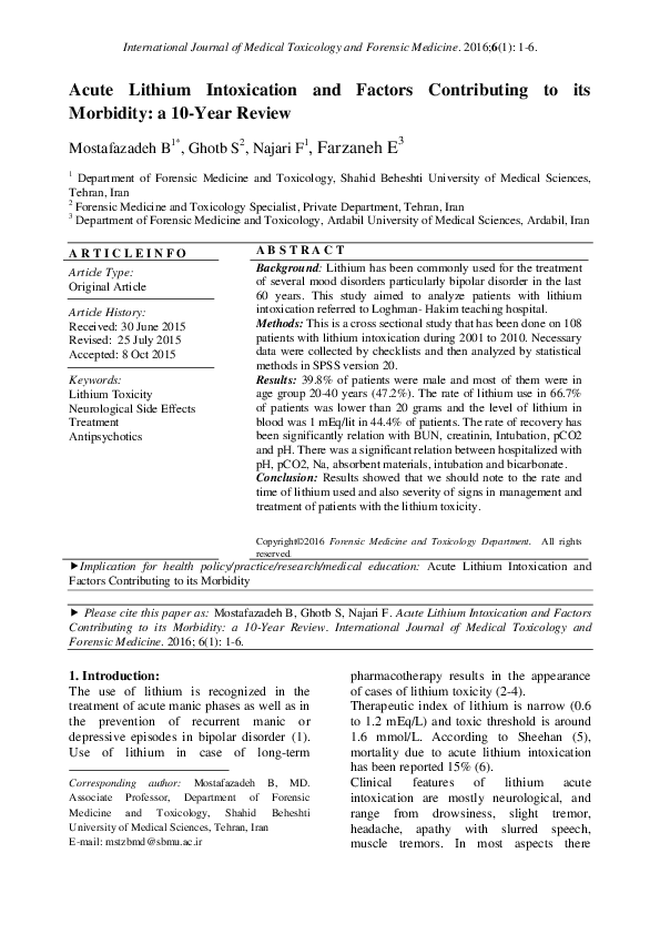 (PDF) Acute Lithium Intoxication and Factors Contributing to its ...