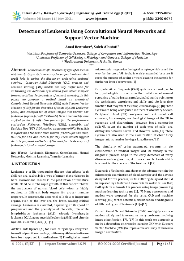 Pdf Irjet Detection Of Leukemia Using Convolutional Neural Networks