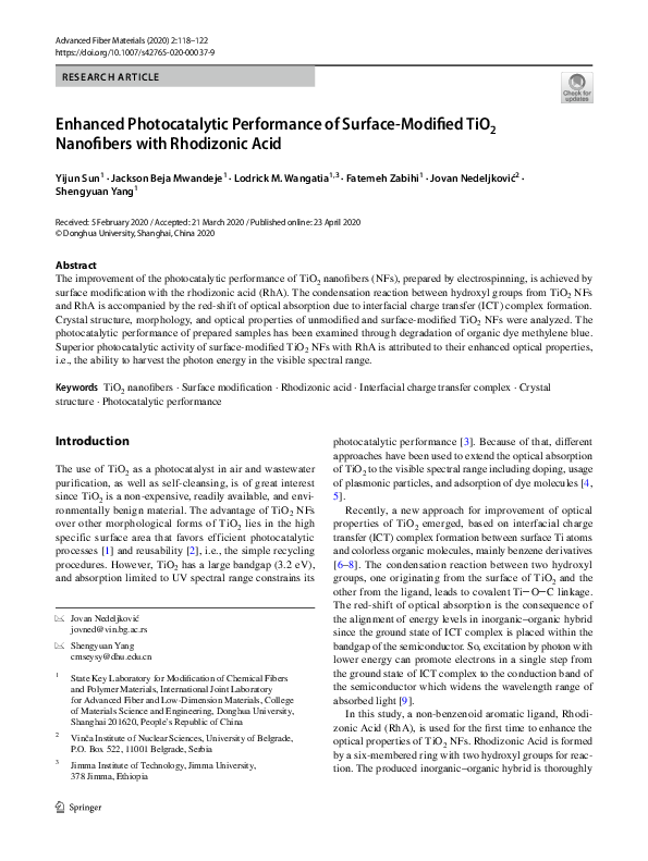 (PDF) Enhanced Photocatalytic Performance of Surface-Modified TiO2 ...