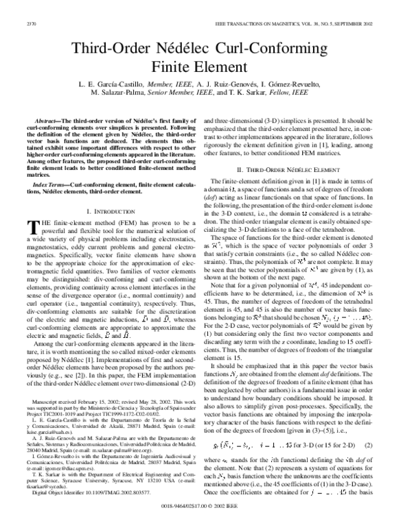 (PDF) Third-order Nedelec curl-conforming finite element | M. Salazar-palma - Academia.edu