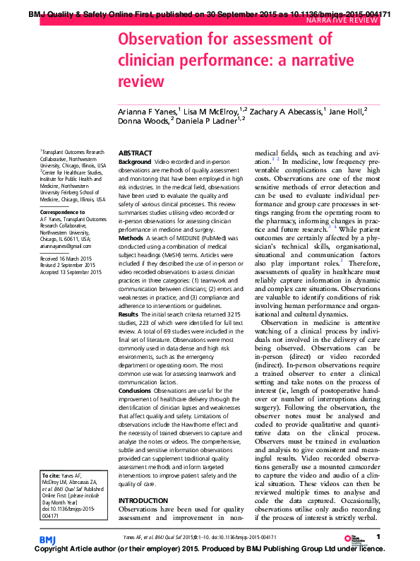 (PDF) Observation for assessment of clinician performance: a narrative ...