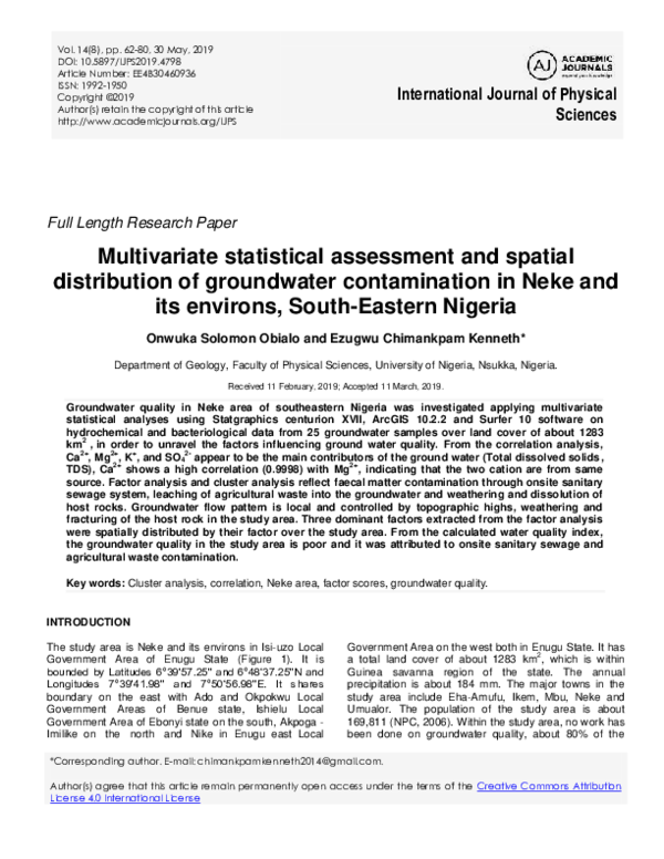 Pdf Multivariate Statistical Assessment And Spatial Distribution Of Groundwater Contamination