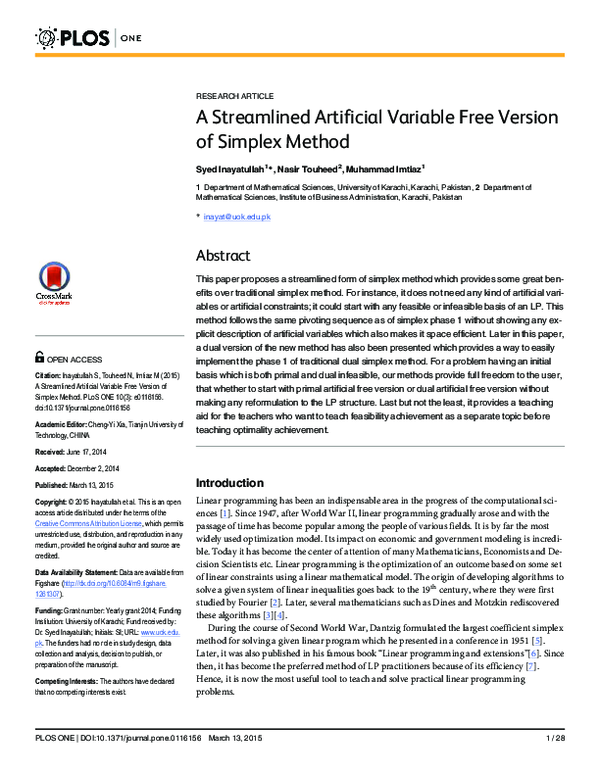 (PDF) A Streamlined Artificial Variable Free Version of Simplex Method
