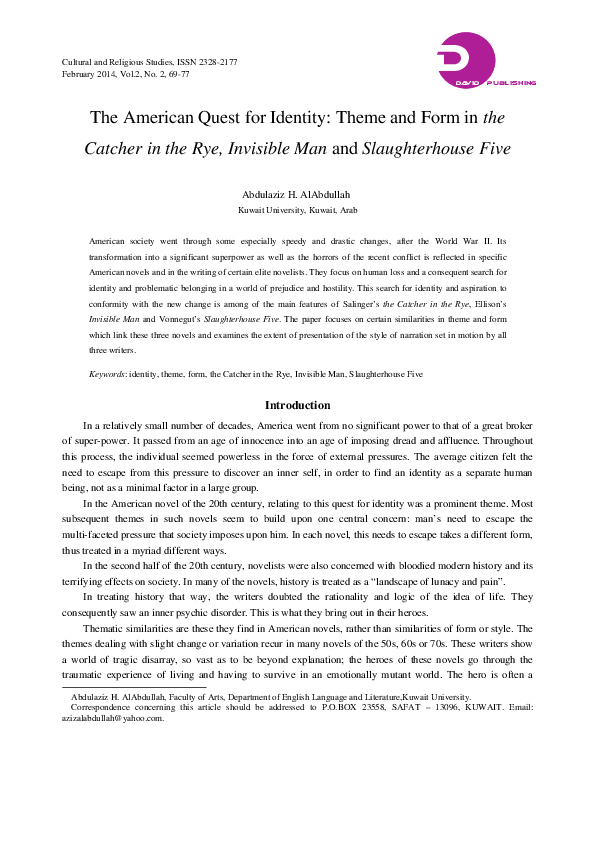(PDF) The American Quest for Identity: Theme and Form in the Catcher in ...