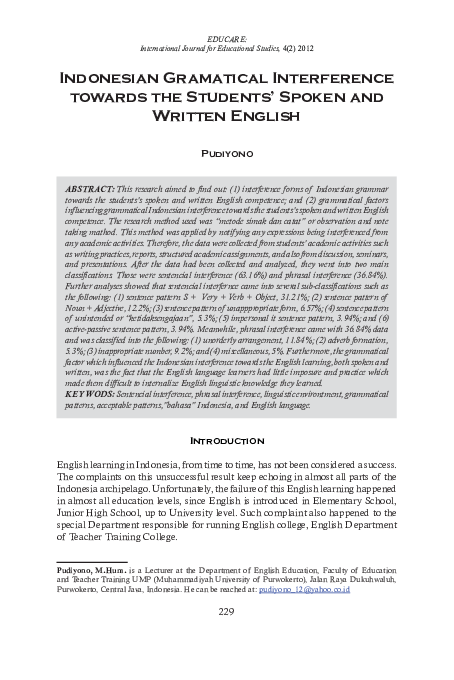 (PDF) Indonesian Gramatical Interference towards the Students’ Spoken ...