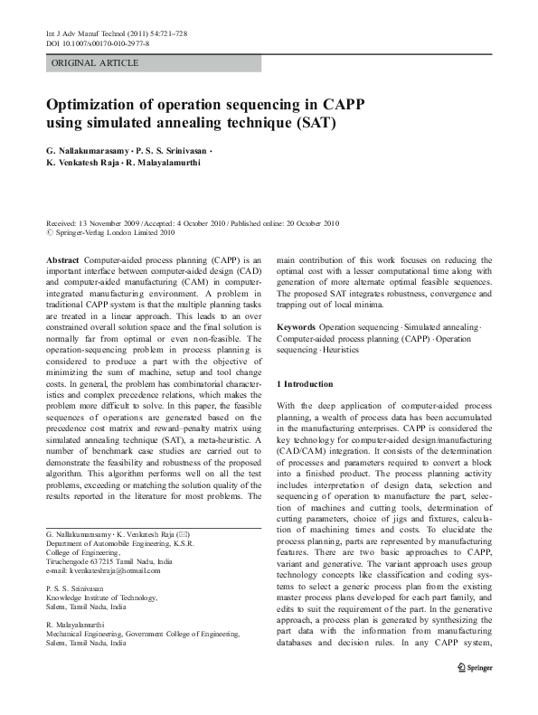 (PDF) Optimization of operation sequencing in CAPP using simulated annealing technique (SAT)
