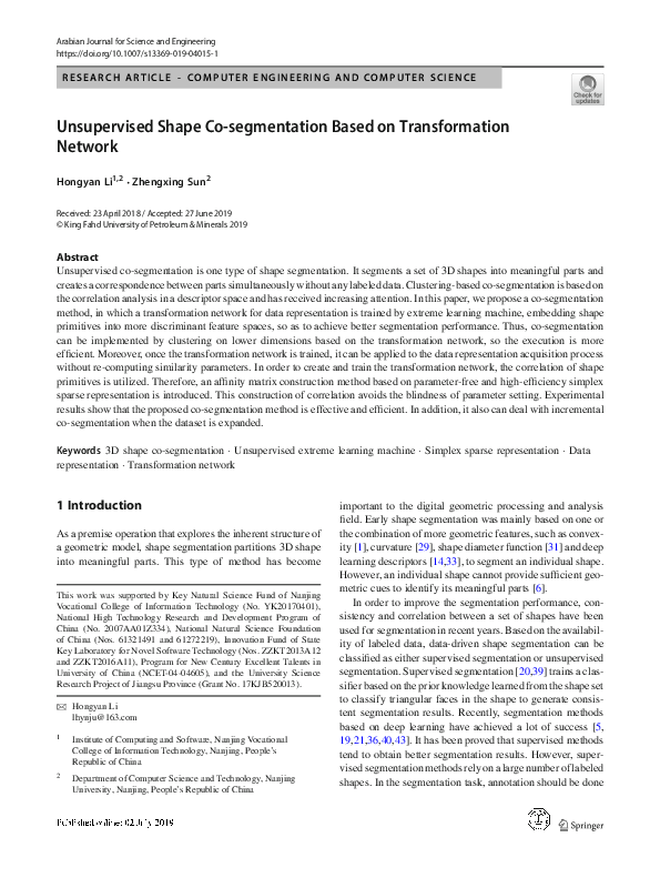 (PDF) Unsupervised Shape Co-segmentation Based on Transformation Network