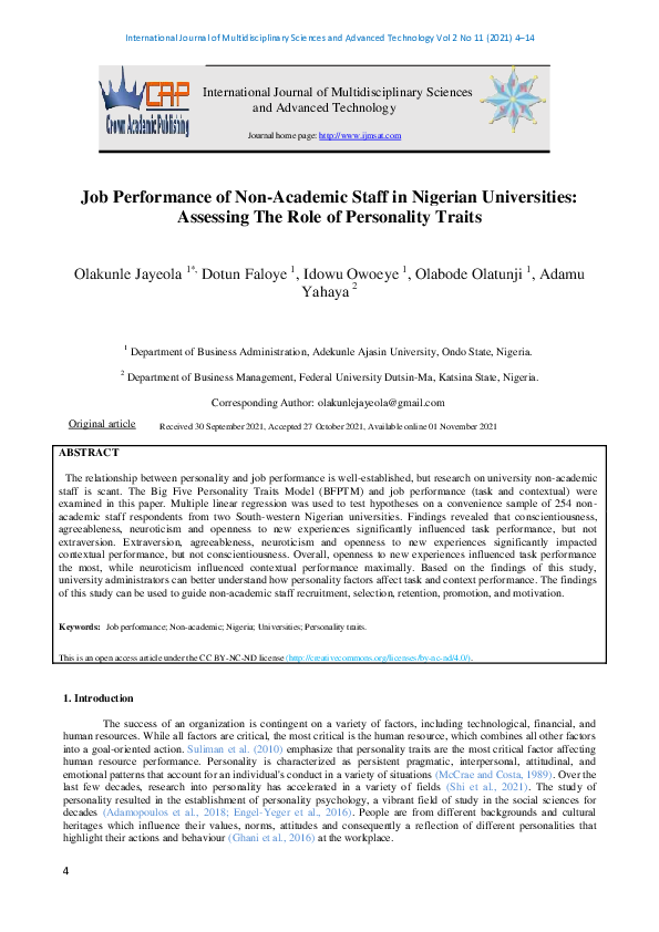 (PDF) Job Performance of Non-Academic Staff in Nigerian Universities ... (PDF) Job Performance of Non-Academic Staff in Nigerian Universities ...