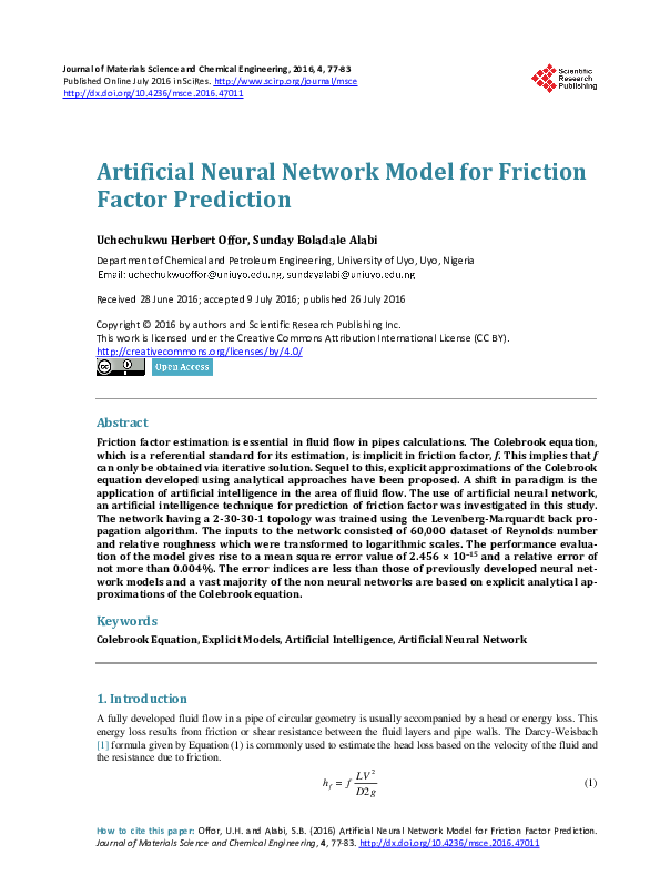 (PDF) Artificial Neural Network Model for Friction Factor Prediction
