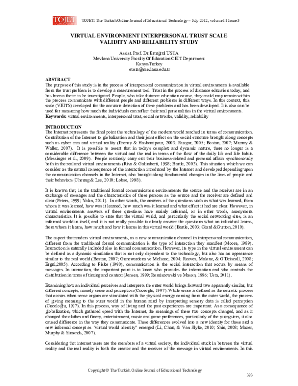 (PDF) Virtual Environment Interpersonal Trust Scale: Validity and ...