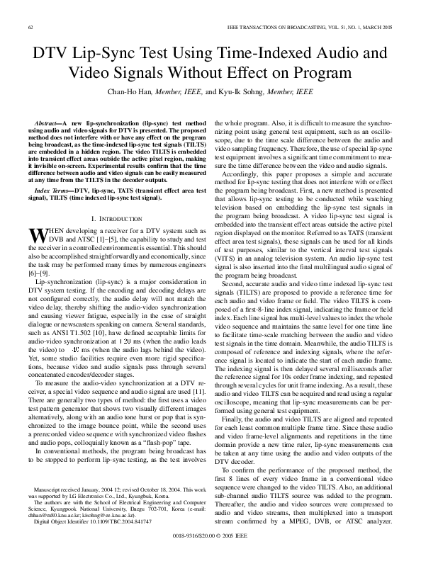 (PDF) DTV Lip-Sync Test Using Time-Indexed Audio and Video Signals ...