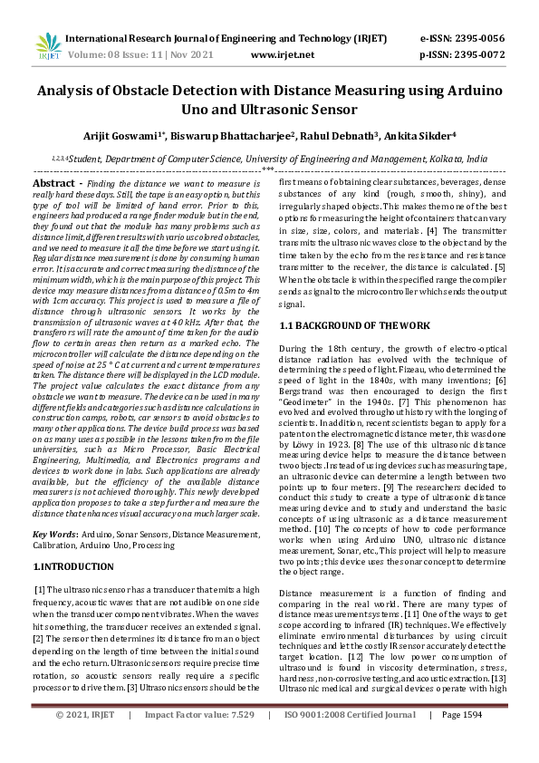 (PDF) IRJET- Analysis of Obstacle Detection with Distance Measuring ...