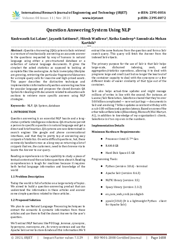 (PDF) IRJET- Question Answering System Using NLP