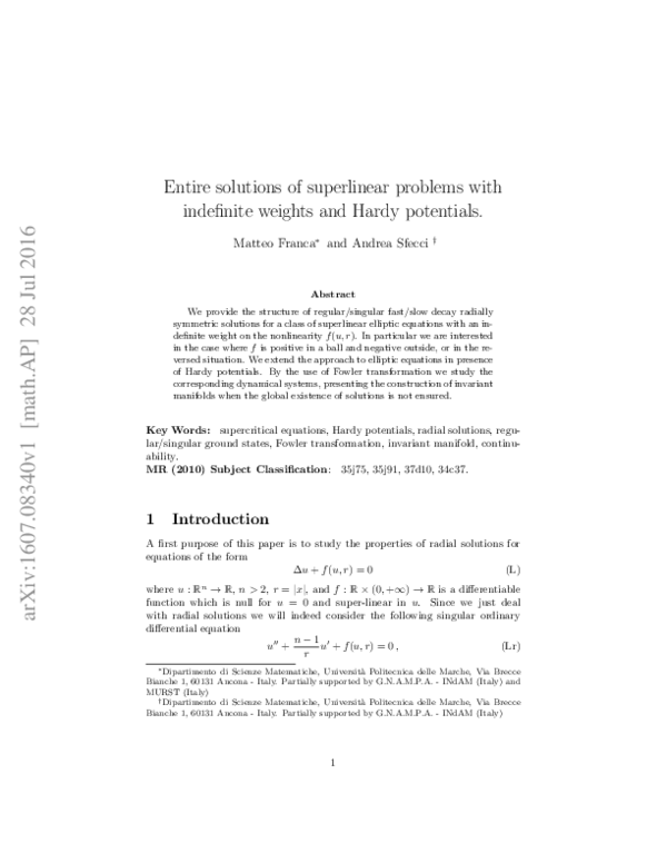 (PDF) Entire Solutions of Superlinear Problems with Indefinite Weights and Hardy Potentials