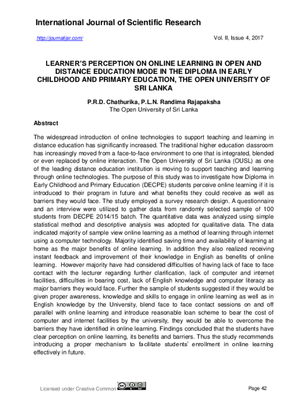 (PDF) LEARNER'S PERCEPTION ON ONLINE LEARNING IN OPEN AND DISTANCE EDUCATION MODE IN THE DIPLOMA ...