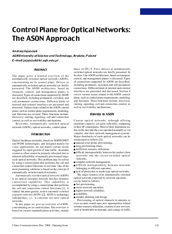 (PDF) Control Plane for Optical Networks: The ASON Approach