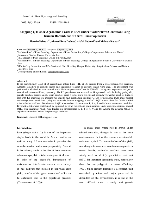 (PDF) Mapping QTLs for Agronomic Traits in Rice Under Water Stress Condition Using Iranian ...