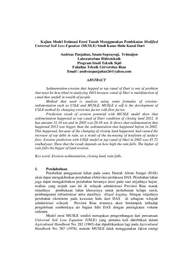 (PDF) Kajian Model Estimasi Erosi Tanah Menggunakan Pendekatan Modified ...