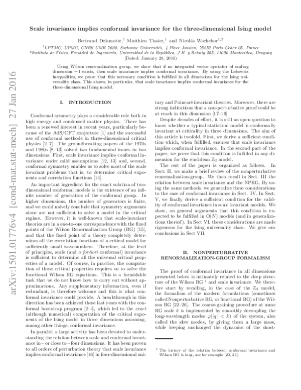 (PDF) Scale invariance implies conformal invariance for the three-dimensional Ising model