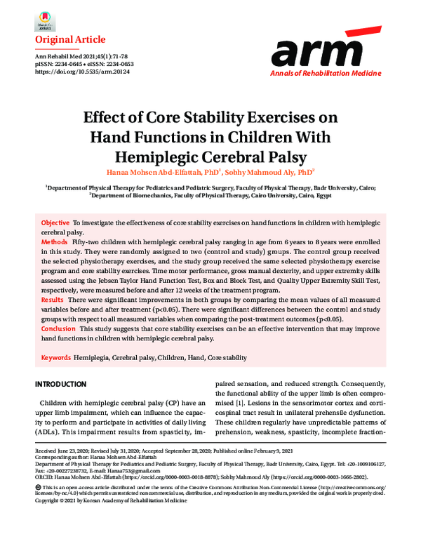 (PDF) Effect of Core Stability Exercises on Hand Functions in Children ...
