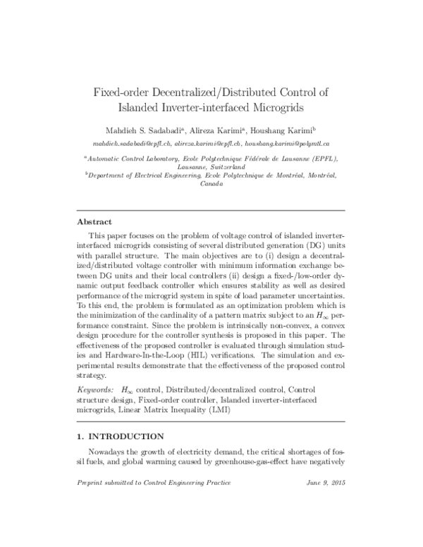 Pdf Fixed Order Decentralizeddistributed Control Of Islanded