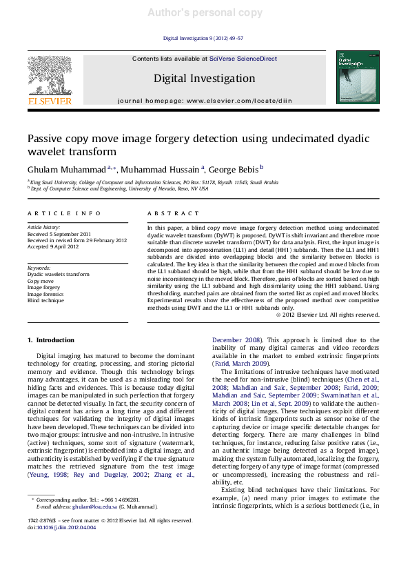 Pdf Passive Copy Move Image Forgery Detection Using Undecimated Dyadic Wavelet Transform